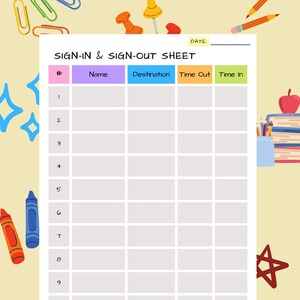 Sign in Sheet Sign Out Sheet Sign in and Out Sheet Teacher - Etsy