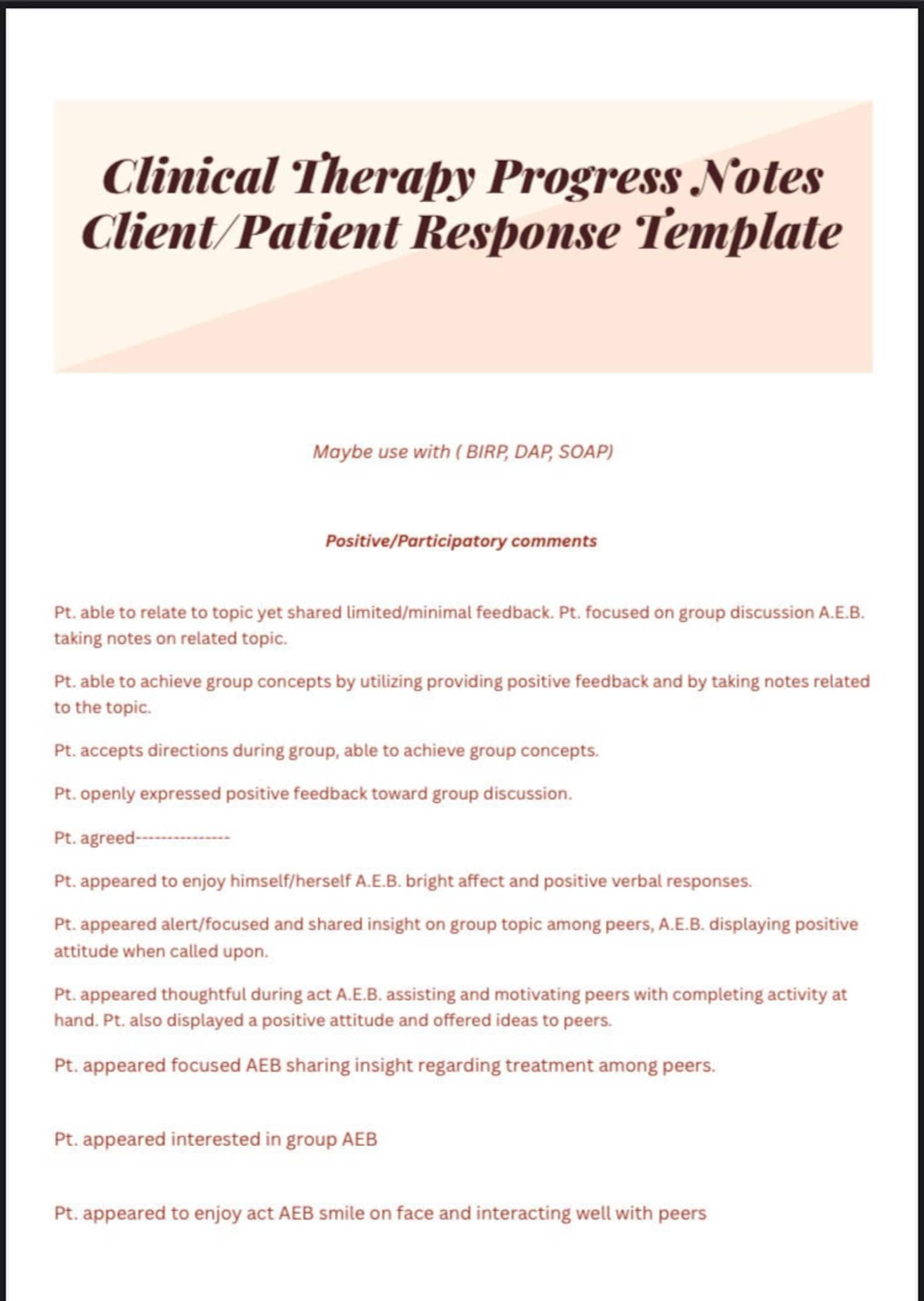 Clinical Therapy Progress Notes Template - Etsy