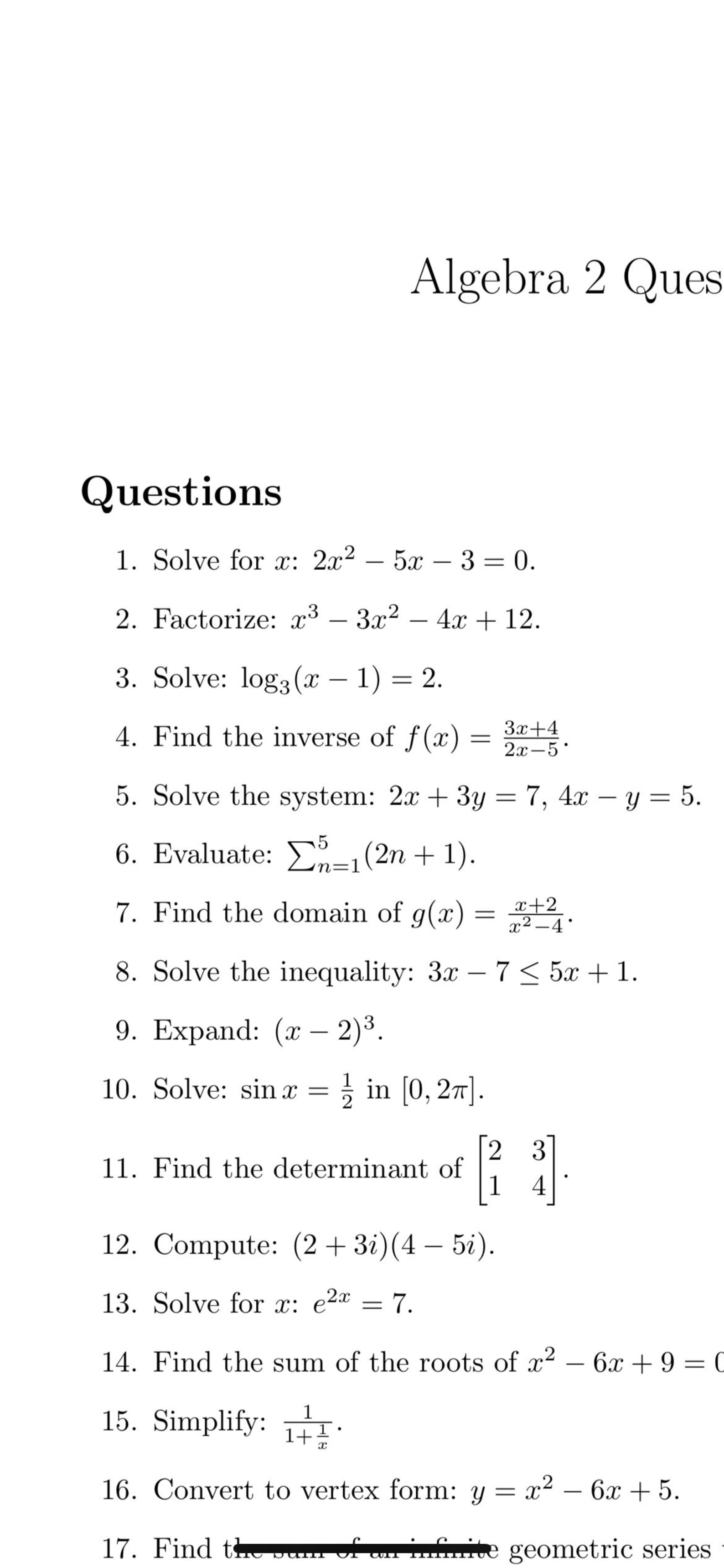 Algebra II Review With Solutions - Etsy