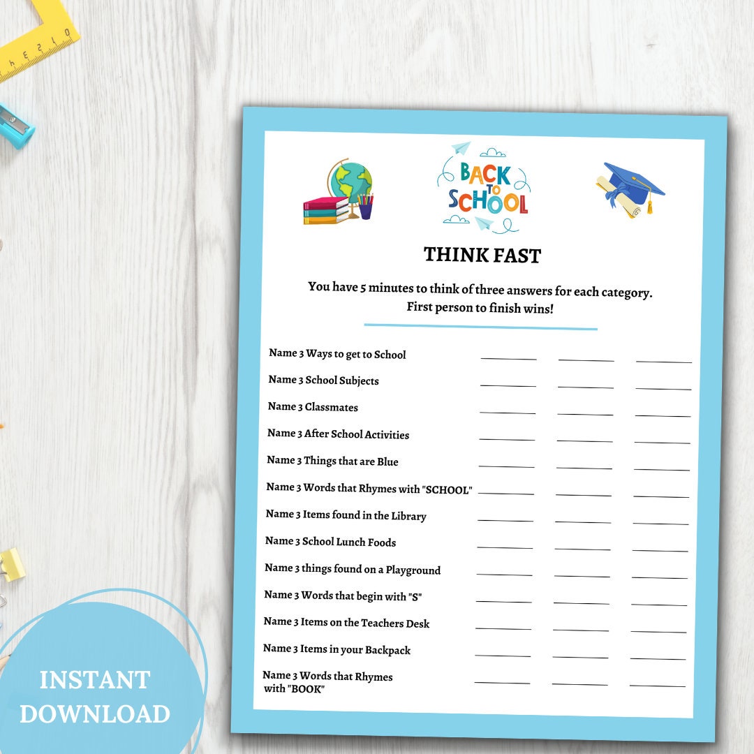 Back to School Printable Gameback to School Think Fast Gamefirst Day of ...