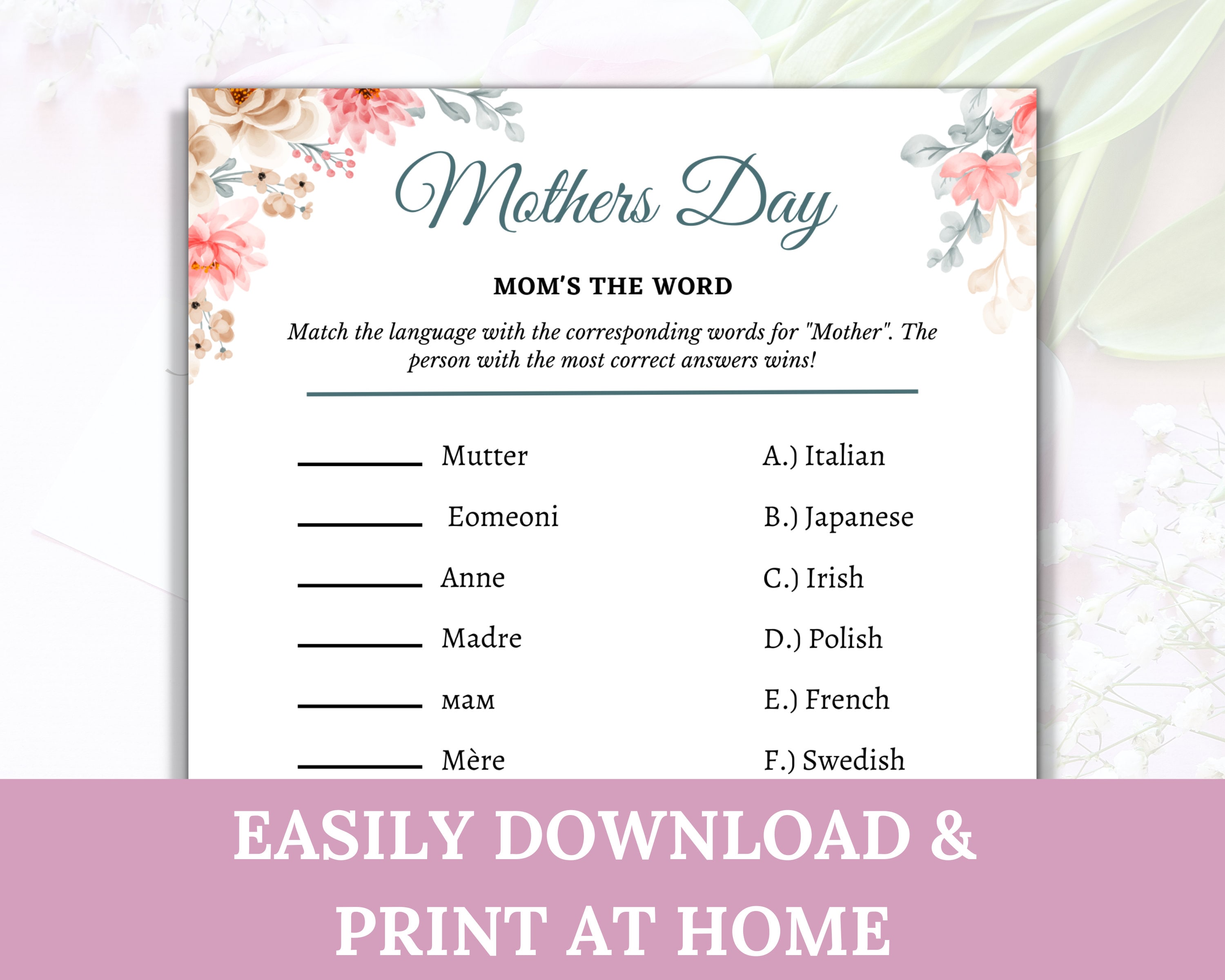 Mother's Day Party Gamemother's Day Triviaprintable Mothers Day Games ...