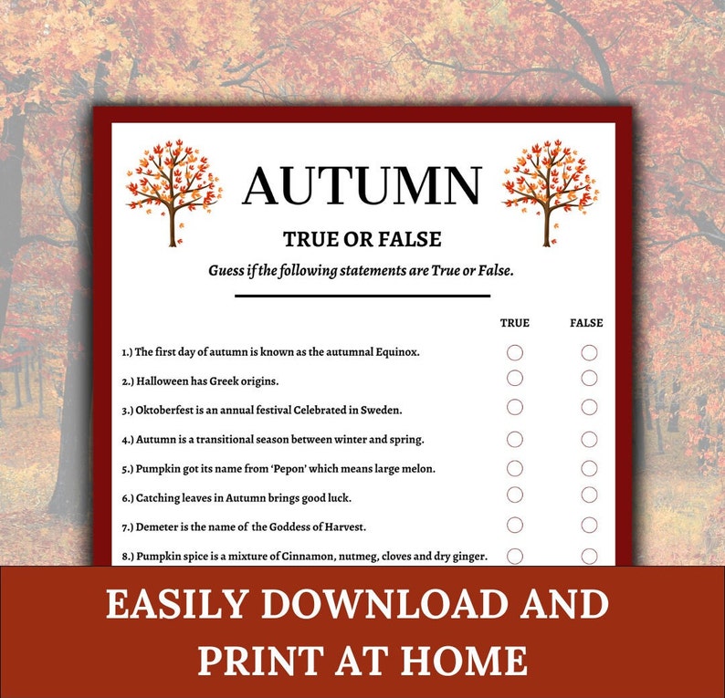 Autumn Printable Party Gamesautumn Triviaautumn True or False Gamefall ...