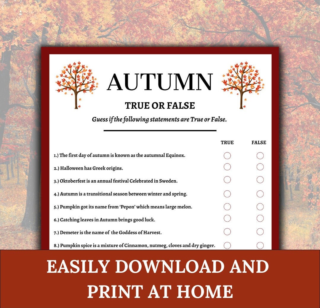 Autumn Printable Party Gamesautumn Triviaautumn True or False Gamefall ...