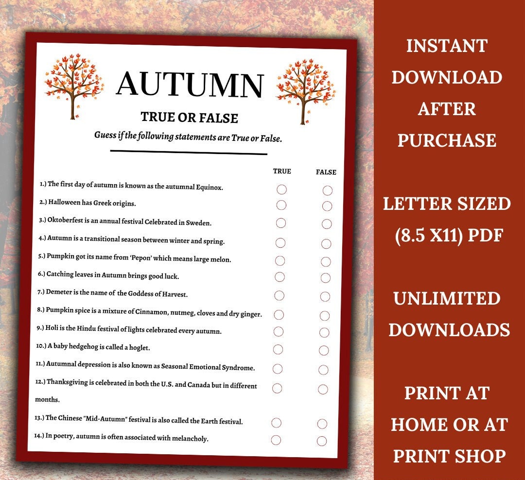 Autumn Printable Party Gamesautumn Triviaautumn True or False Gamefall ...