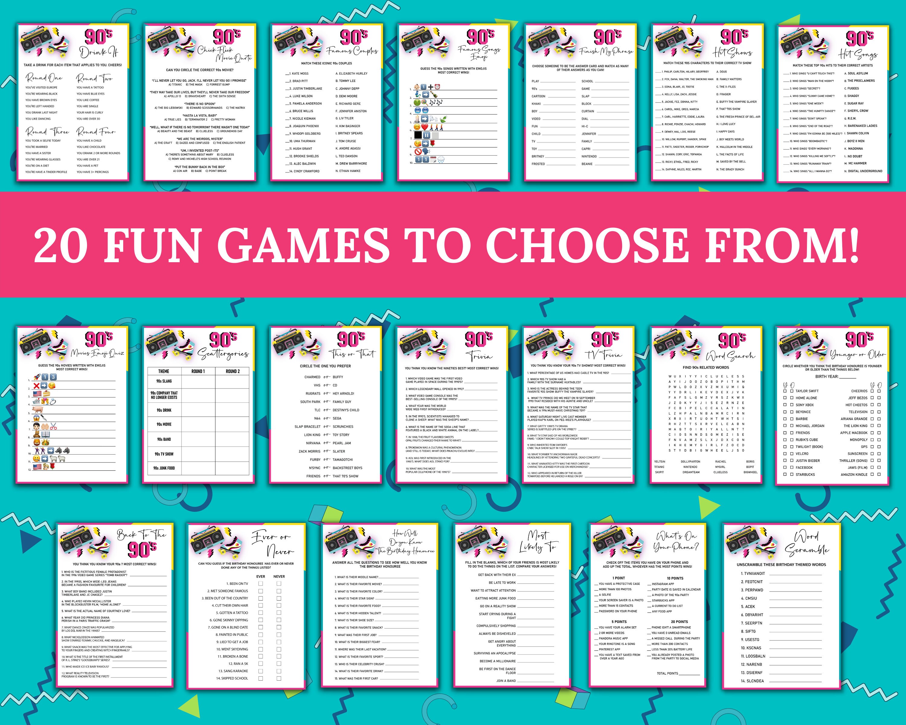 90s Party Games Bundle90s Printable Games 90s Birthday Party - Etsy UK