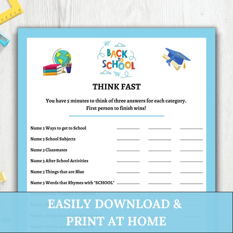 Back to School Printable Gameback to School Think Fast Gamefirst Day of ...