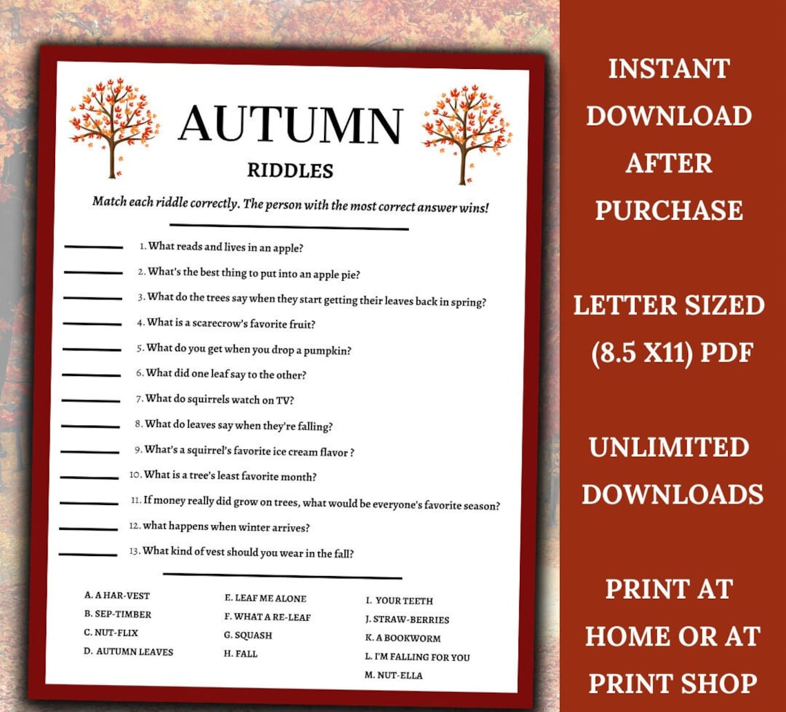 Autumn Printable Party Gamesautumn Fall Riddles Game fall Party ...