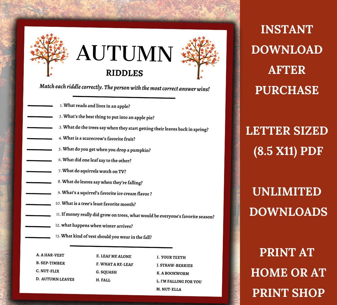 Autumn Printable Party Gamesautumn Fall Riddles Game fall Party ...