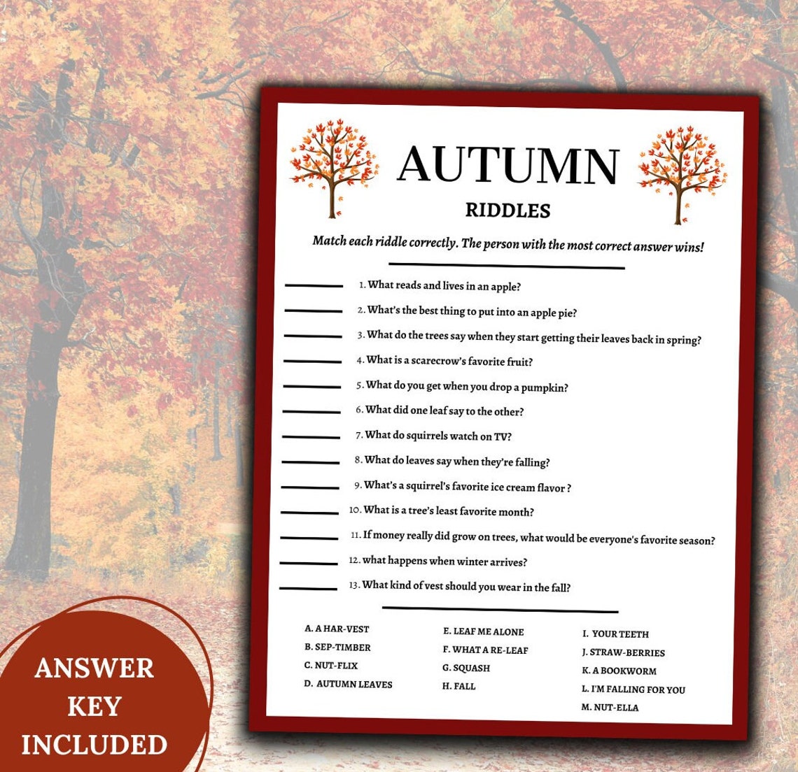 Autumn Printable Party Gamesautumn Fall Riddles Game fall Party ...