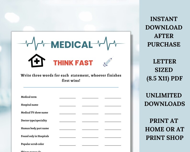 Medical Think Fast Gameprintable Medical Game Doctor Nurse - Etsy