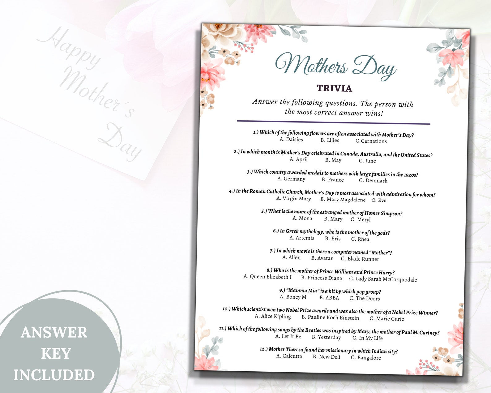 Mother's Day Trivia Gameprintable Mothers Day Games for - Etsy