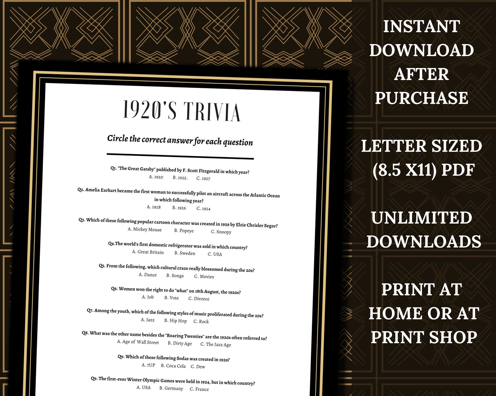 1920s Trivia Printable Gameroaring 20s Games80s Party - Etsy