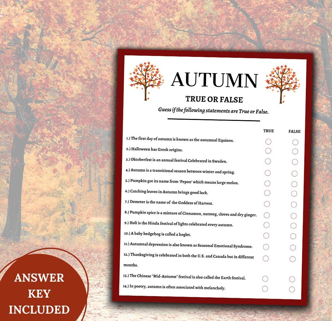 Autumn Printable Party Gamesautumn Triviaautumn True or False Gamefall ...
