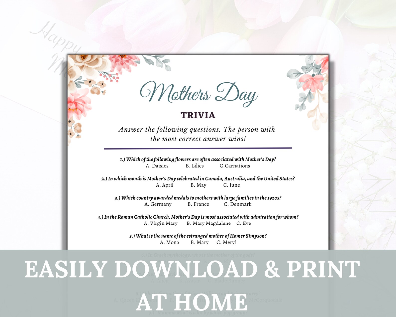 Mother's Day Trivia Gameprintable Mothers Day Games for Kids and ...