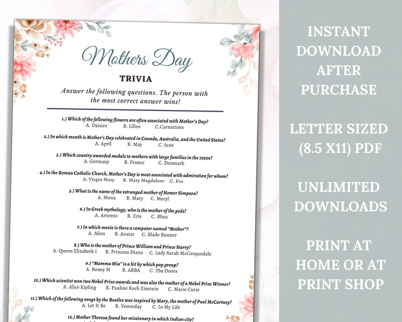Mother's Day Trivia Gameprintable Mothers Day Games for Kids and ...