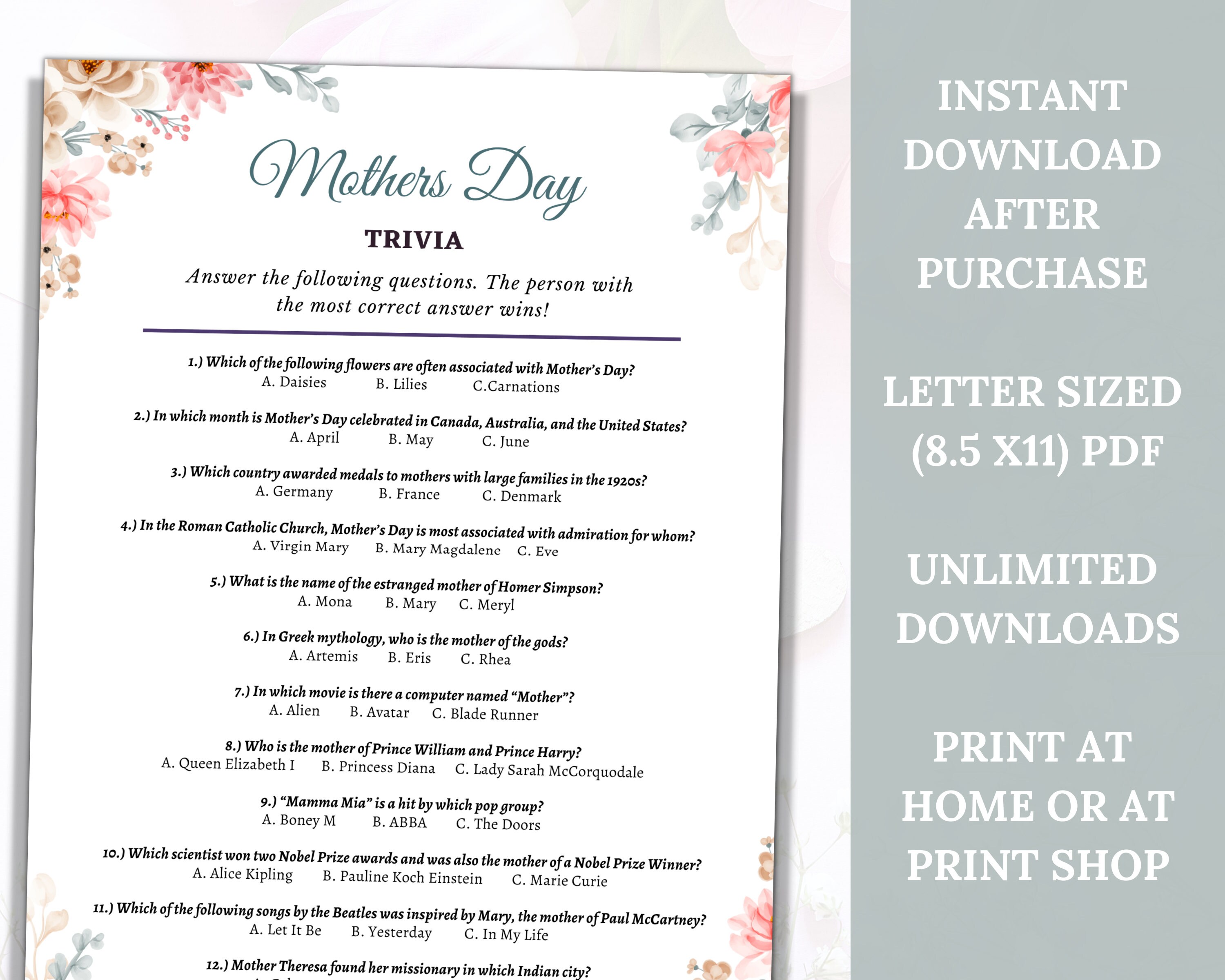 Mother's Day Trivia Gameprintable Mothers Day Games for Kids and ...