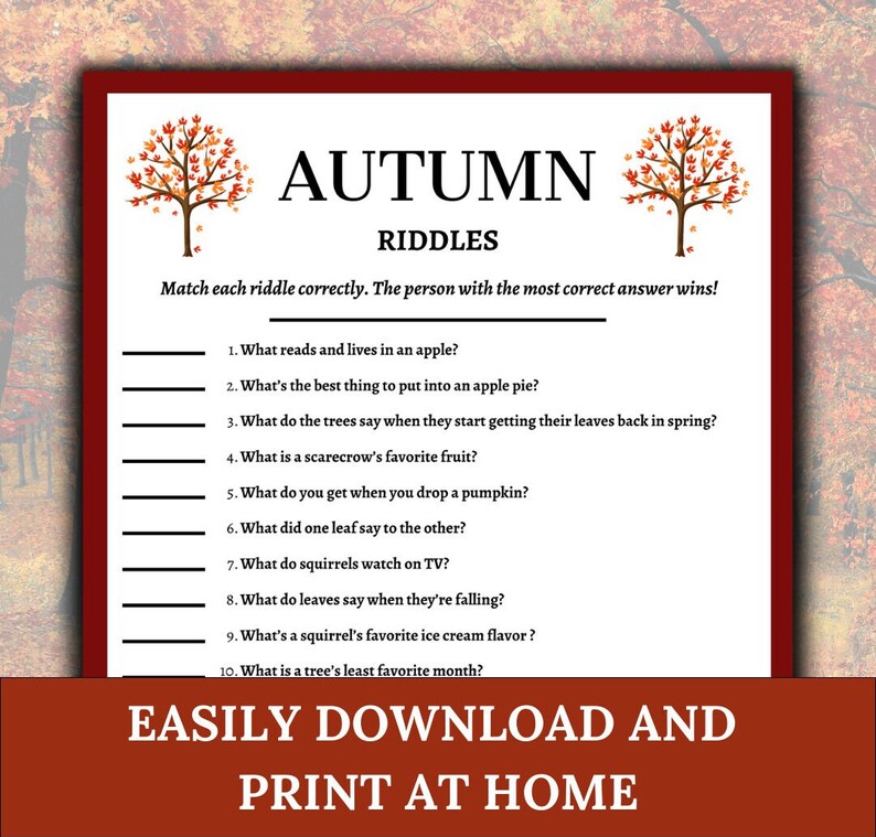 Autumn Printable Party Gamesautumn Fall Riddles Game fall Party ...