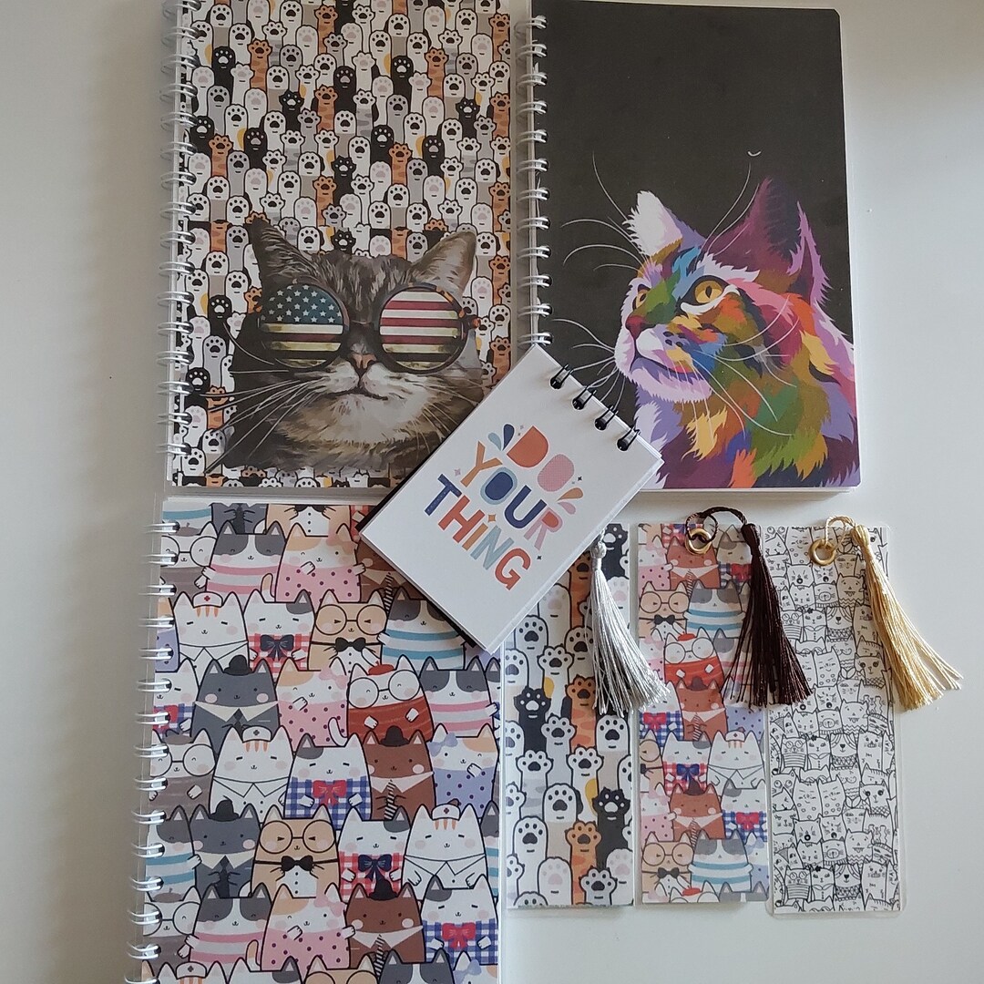 Cats Spiral Notebook Pack of 3, Cute Stationery Set Matching Bookmarks ...