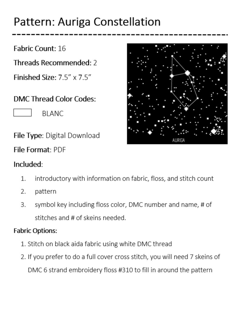 Auriga Constellation, Cross Stitch Pattern, Beginner Needlepoint Chart ...