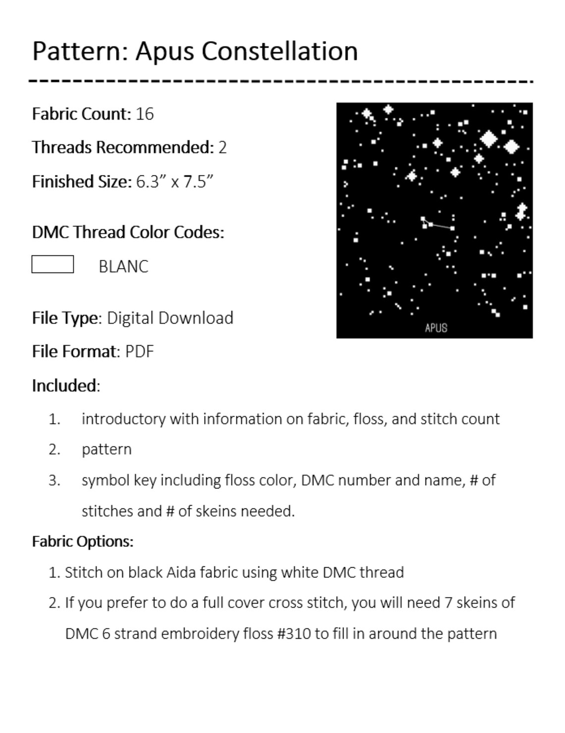 Apus Constellation, Cross Stitch Pattern, Beginner Needlepoint Chart, Easy Embroidery, Astronomy ...