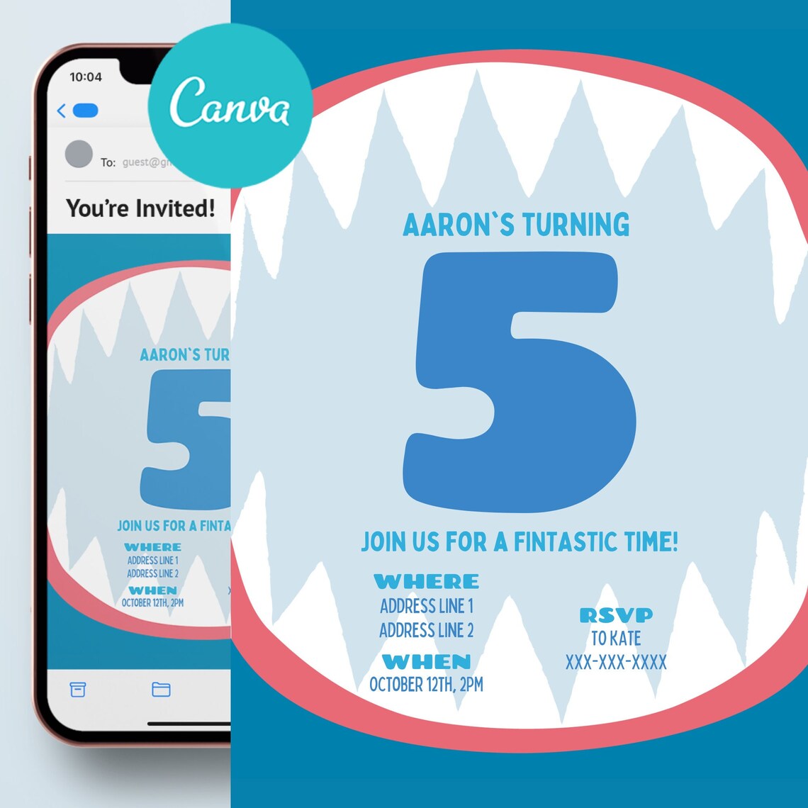 Shark Themed Birthday Party Invitation, Canva DIY Editable Digital ...