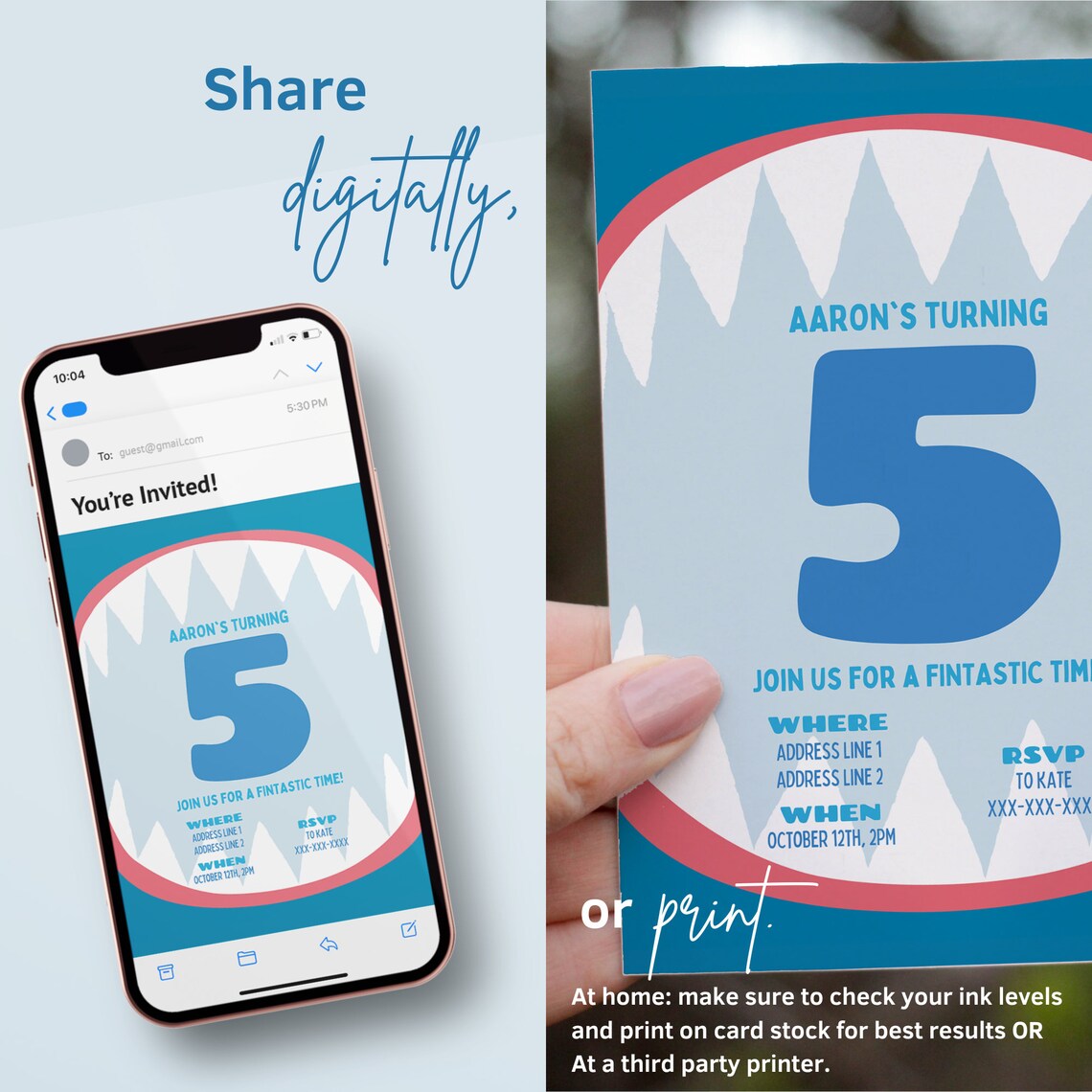 Shark Themed Birthday Party Invitation, Canva DIY Editable Digital ...