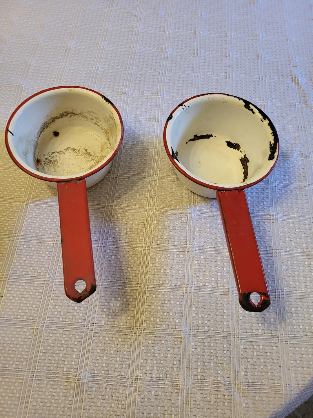 Pair of Chippy Red and White Enamel Sauce Pans - Etsy