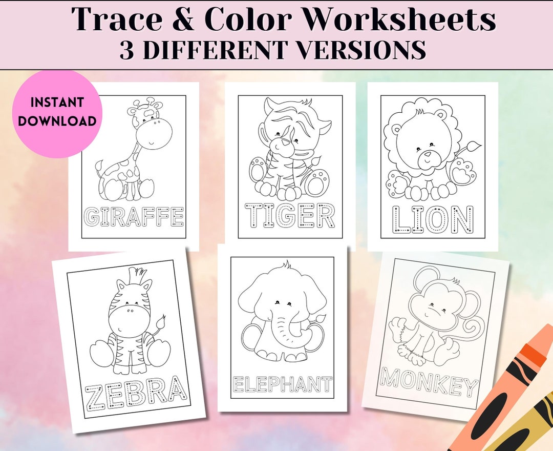 ANIMALS Tracing & COLOR Printable, Preschool, Toddler, Kindergarten ...