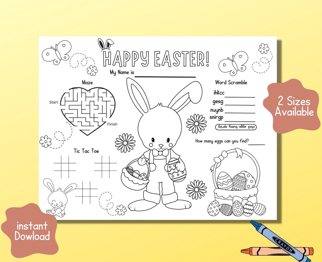 Easter Activity Placemat, Easter Coloring Page, Printable Easter Party ...