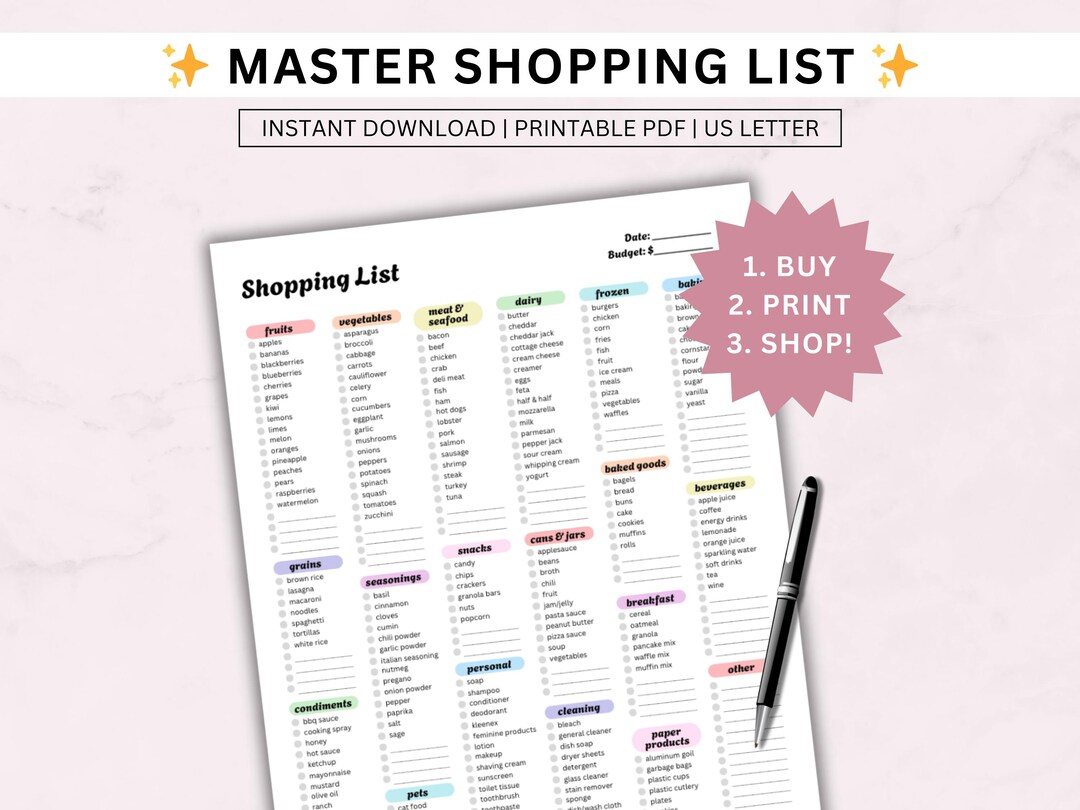 Master Shopping List, Printable Complete Grocery List, Groceries ...