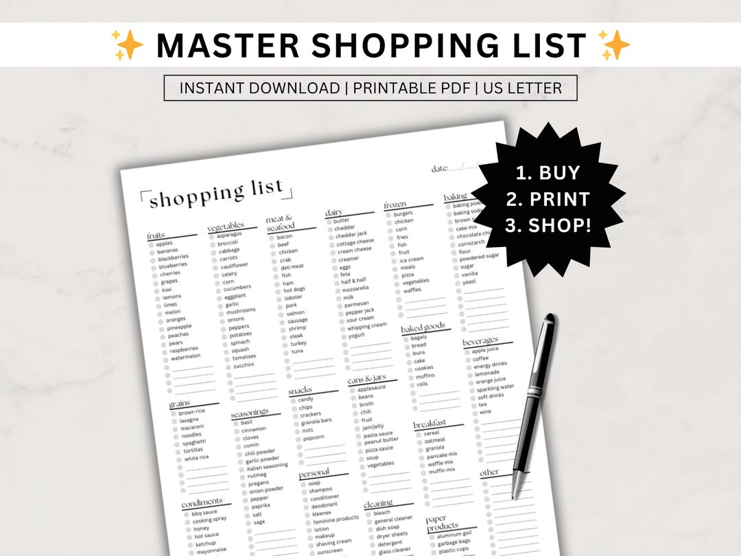 Master Shopping List, Printable Complete Grocery List, Groceries ...