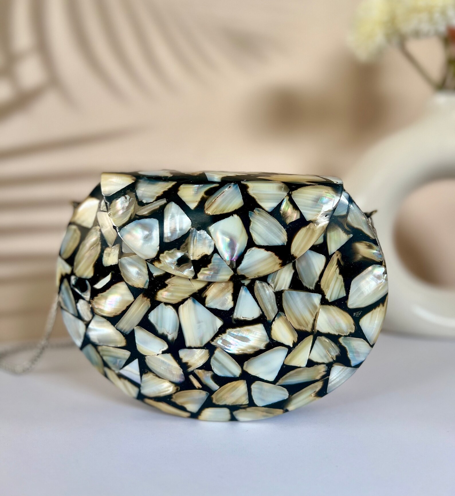 Mosaic Mother of Pearl Half Moon Bag, Nacre Ornate Evening Party Sling ...