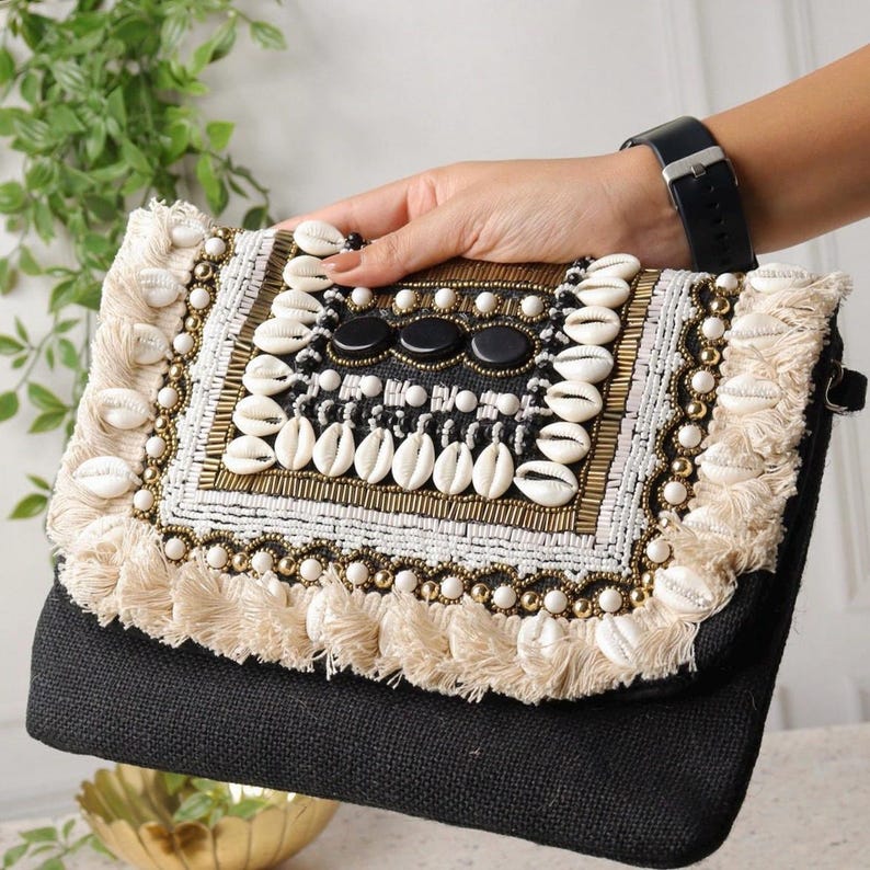 Blissful Shell Cowrie Boho Clutch, Black & White Flap Clutch, Bohemian ...