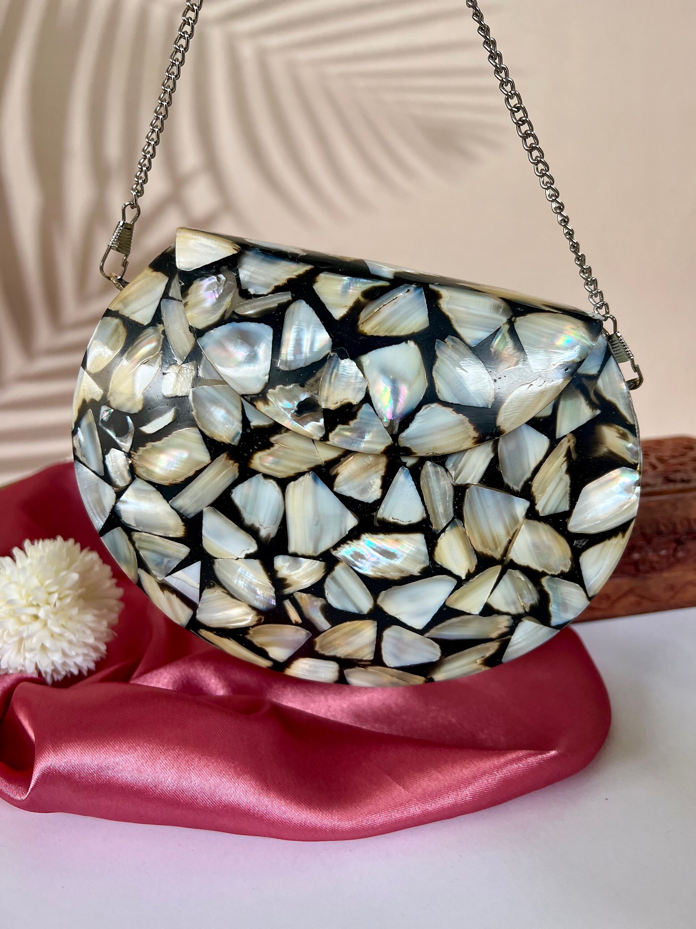 Mosaic Mother of Pearl Half Moon Bag, Nacre Ornate Evening Party Sling ...