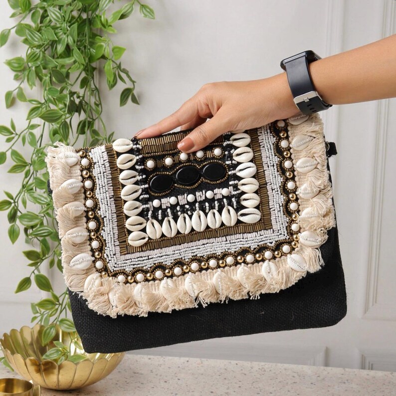 Blissful Shell Cowrie Boho Clutch, Black & White Flap Clutch, Bohemian ...
