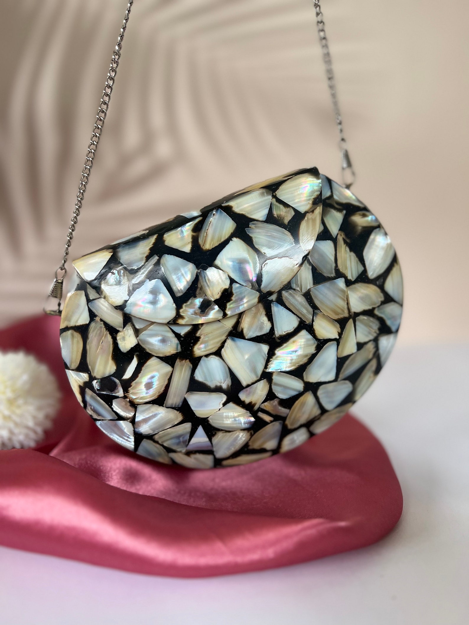 Mosaic Mother of Pearl Half Moon Bag, Nacre Ornate Evening Party Sling ...