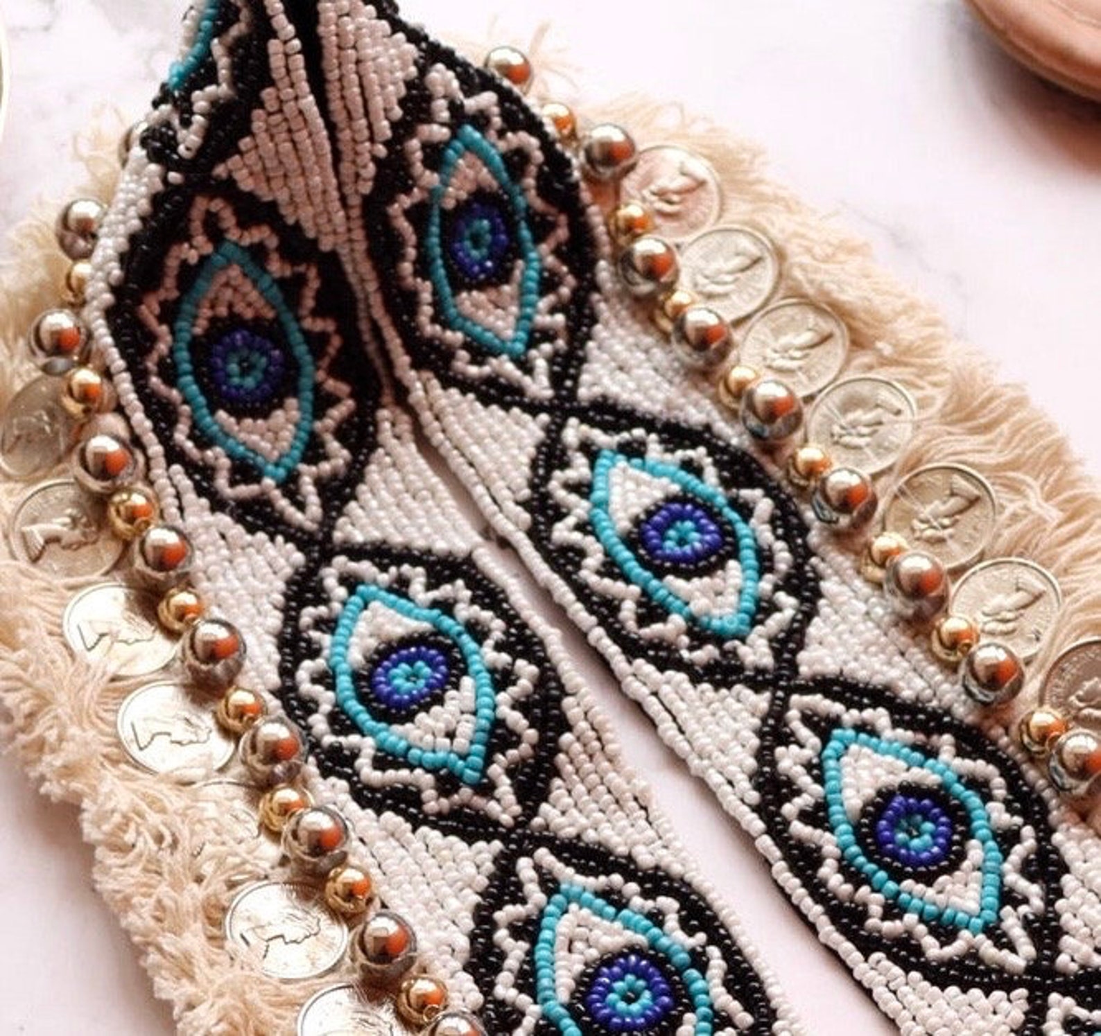 Evil Eye Beaded Wist Belt, Embroidered Belt, Unique Adjustable Fashion ...