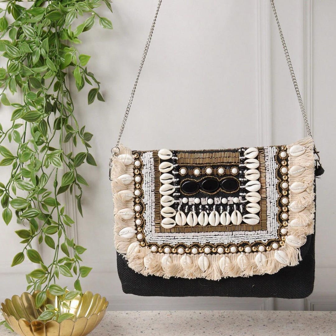 Blissful Shell Cowrie Boho Clutch, Black & White Flap Clutch, Bohemian ...