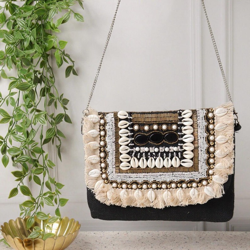 Blissful Shell Cowrie Boho Clutch, Black & White Flap Clutch, Bohemian Cowrie Bag for Women ...