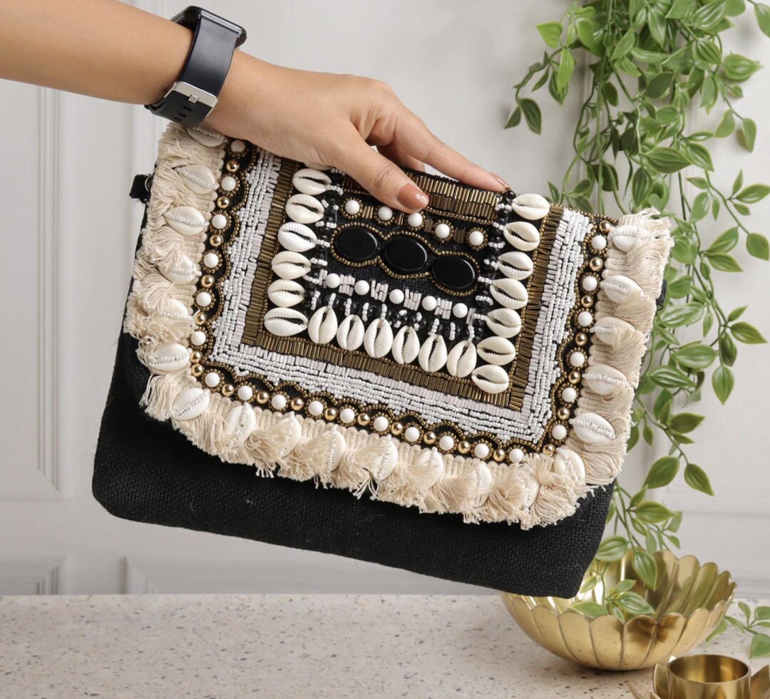 Boho Cowrie Shell Clutch Bag – Black & White Handcrafted Evening Purse ...