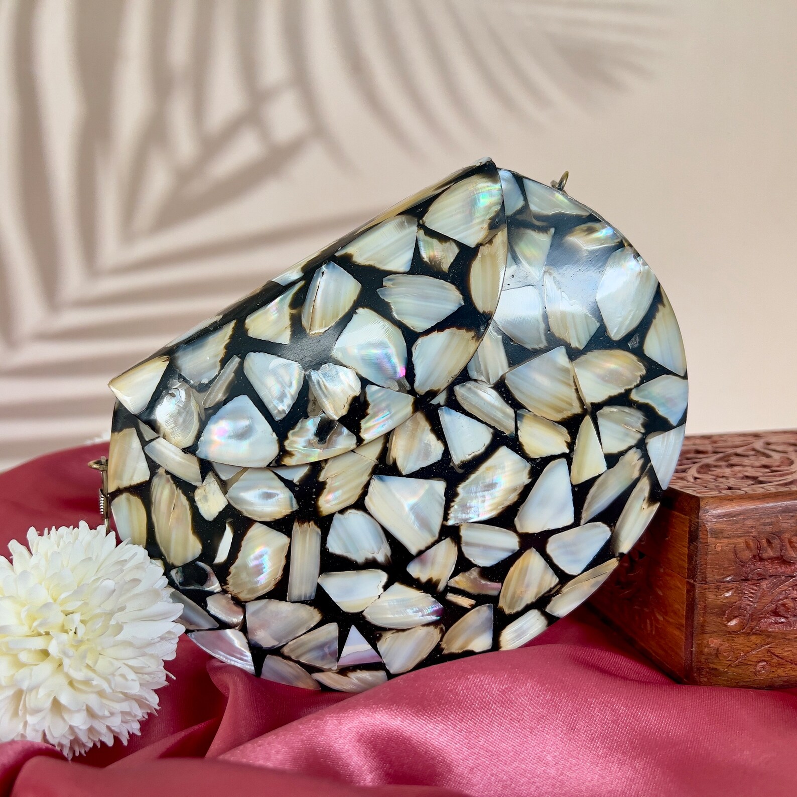 Mosaic Mother of Pearl Half Moon Bag, Nacre Ornate Evening Party Sling ...