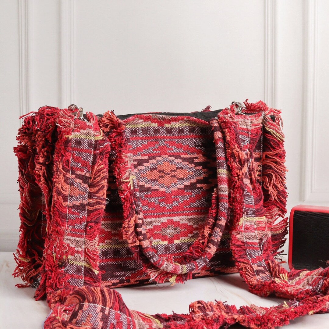 Rumpled Red Sling Bag, Fringes Crossbody Boho Bag, Summer Vacation Bag ...