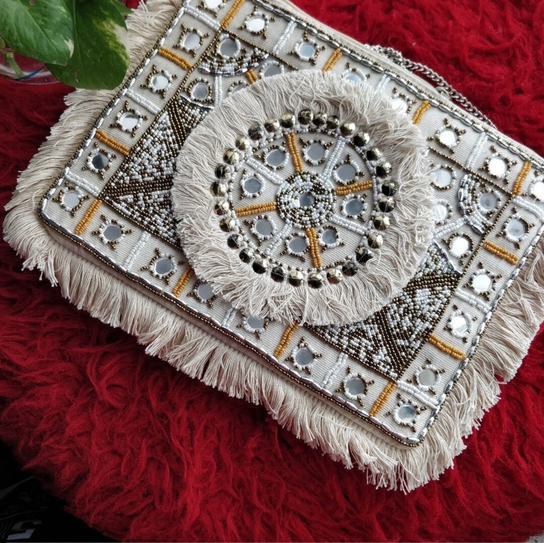 Off White Mirror Work Bag, Indian Boho Bag Womens Sling Bag, Banjara ...