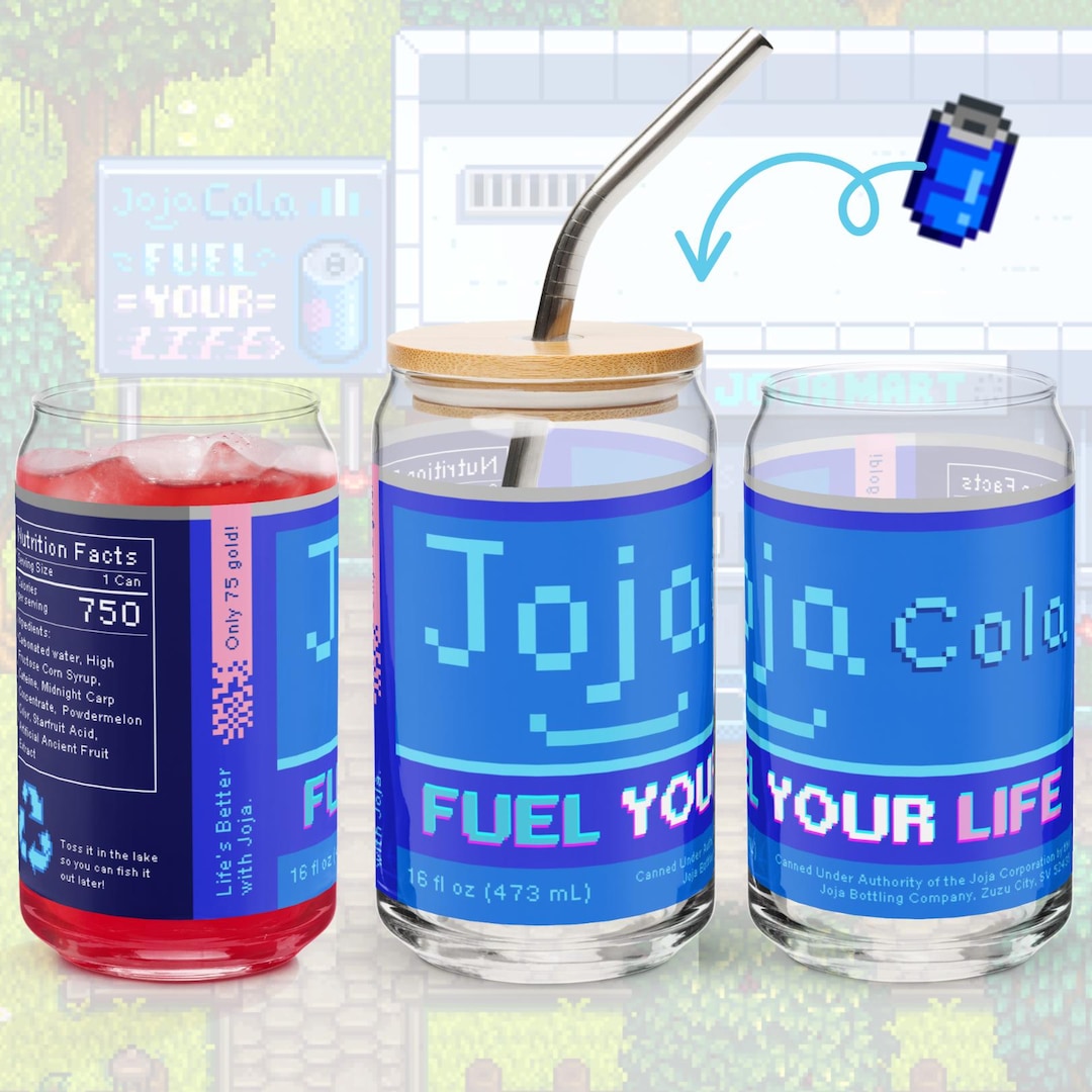 Stardew Valley Joja Cola Glass Can With Lid & Straw: Cozy Gamer Gift - Etsy