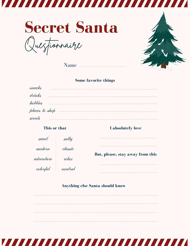 Digital Download Secret Santa Questionnaire, Printable, Office Party ...