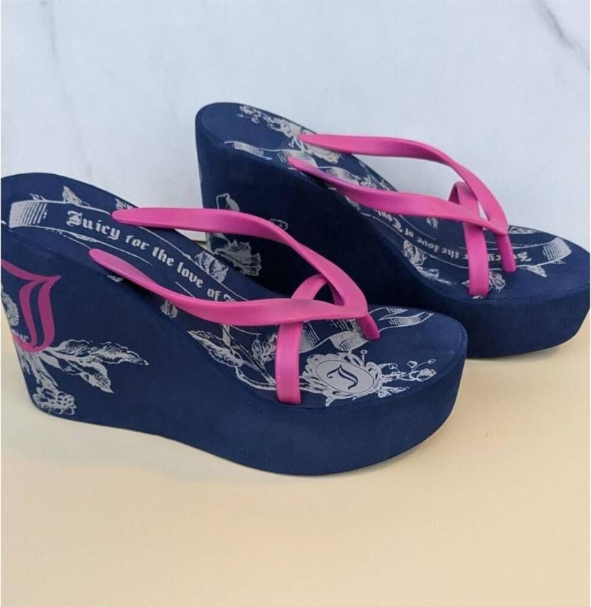Juicy Couture Y2K Platform Wedge Navy & Pink Vintage Sandals - Etsy