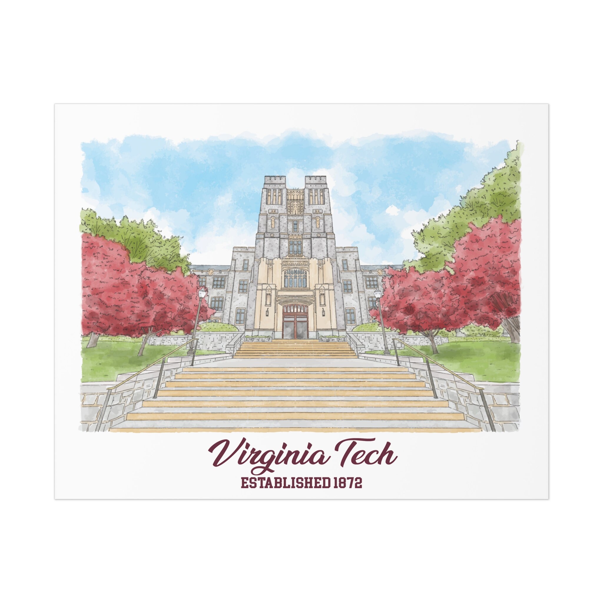 Virginia Tech Burruss Hall Watercolor Print - Etsy