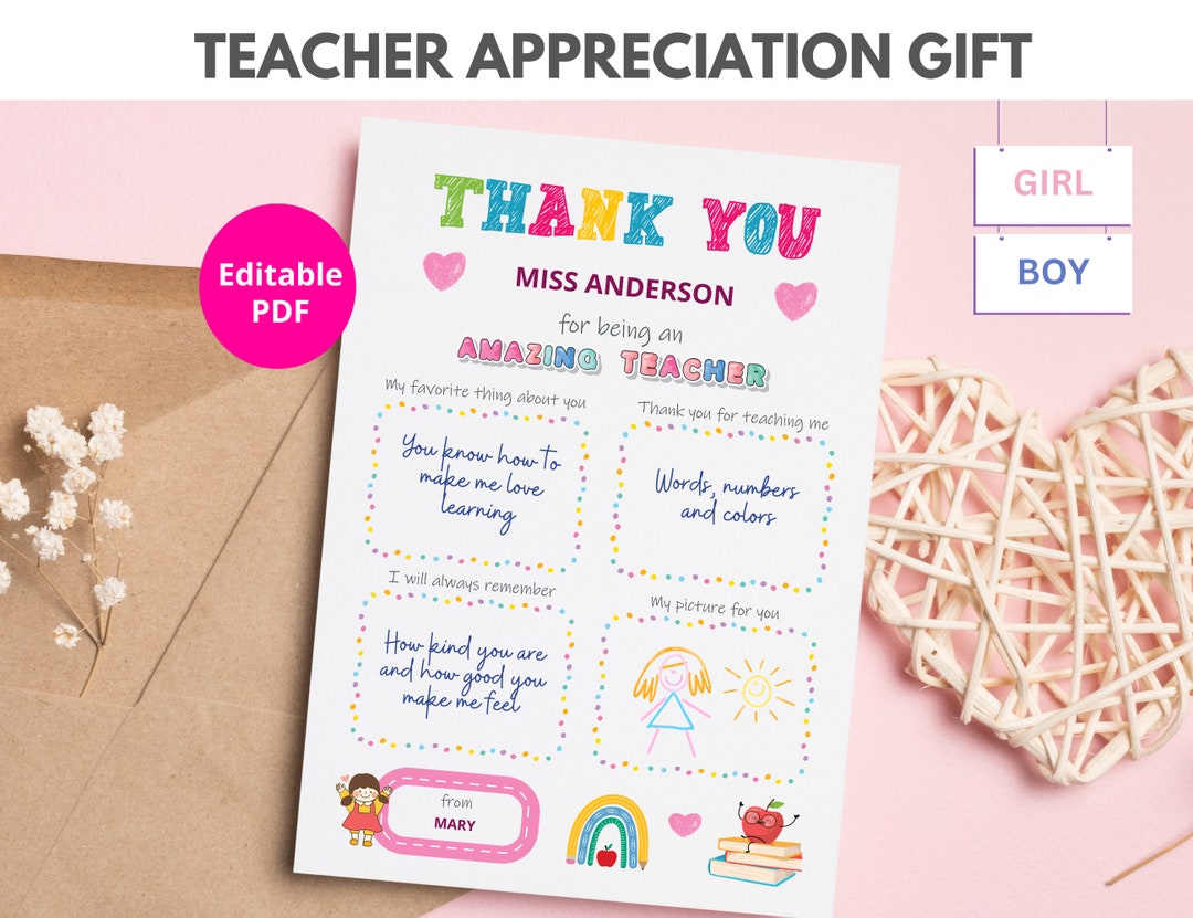 Teacher Appreciation Printable Gift, Editable Pdf - Etsy