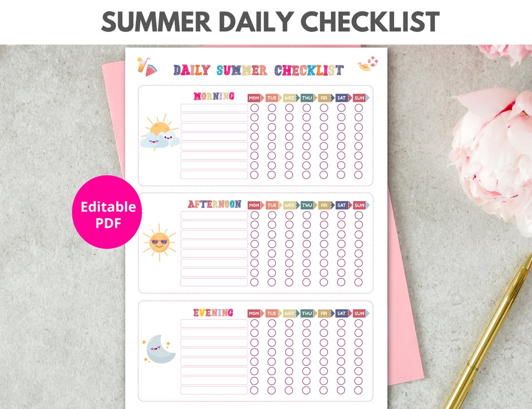 Summer Daily Checklist for Kids | Editable Pdf - Etsy
