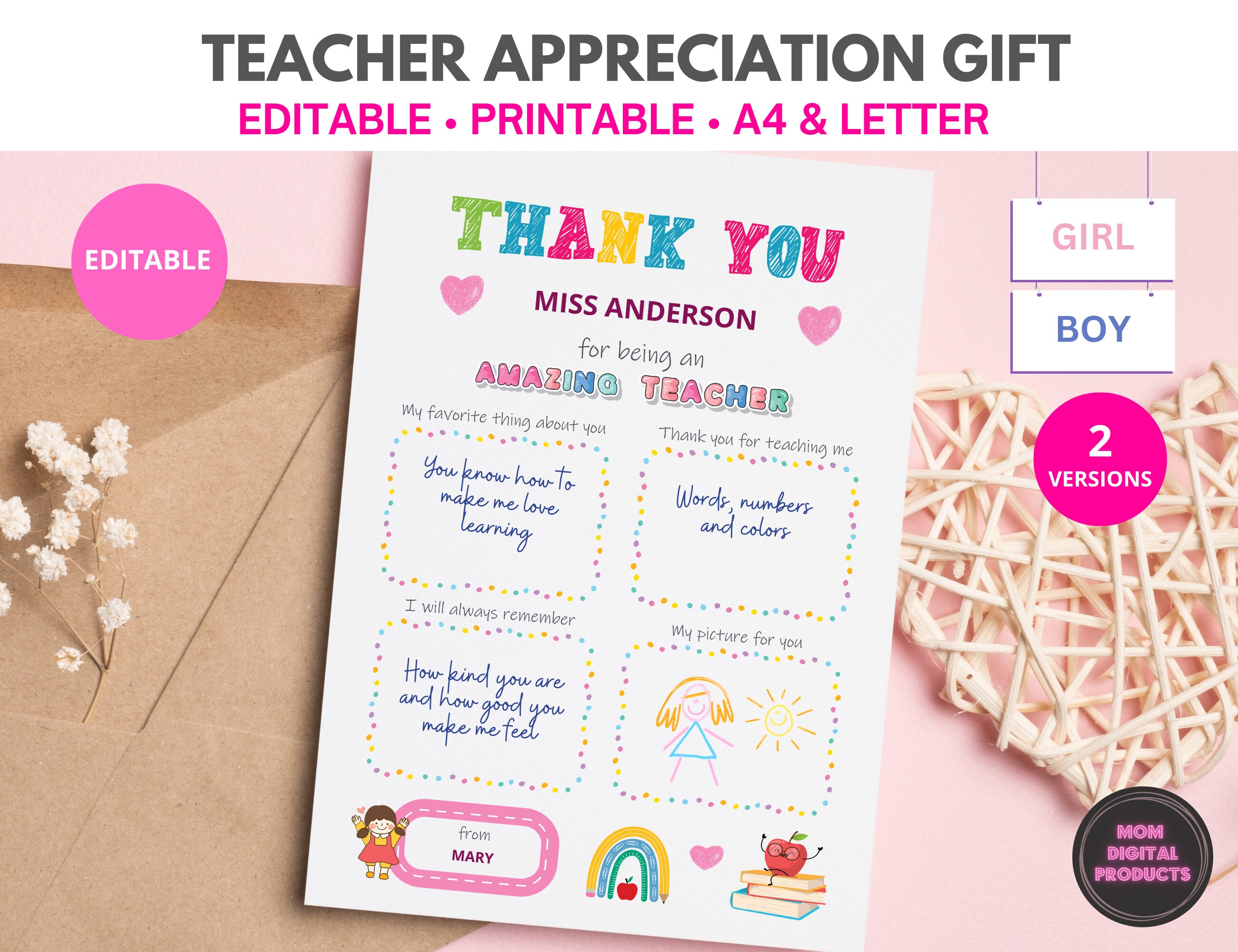 Teacher Appreciation Printable Gift, Editable Pdf - Etsy